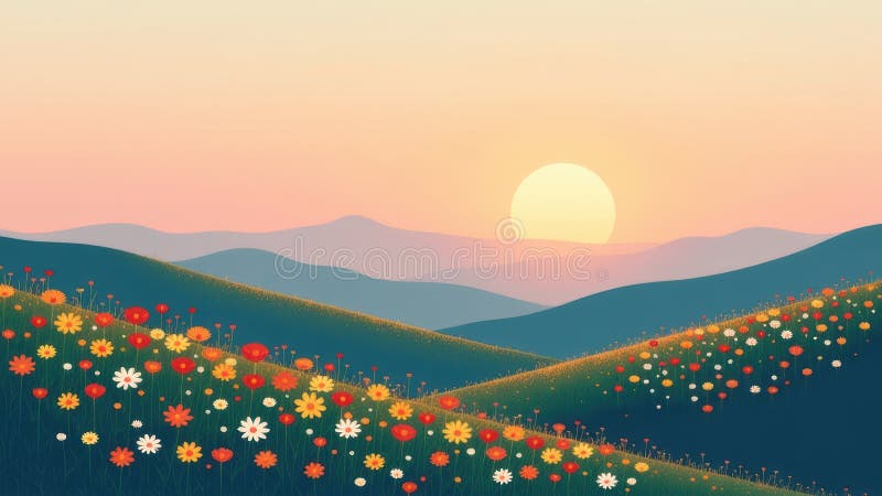 Sunset Over Flower-Covered Hills Stock Illustration - Illustration of ...