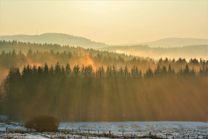 Sunset over the forest stock image. Image of rising, view - 93821183