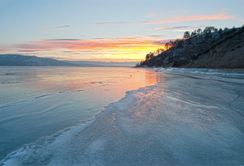 Sunset Over Frozen Lake, Hdr Image Stock Photo - Image of mountain ...