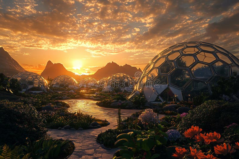 Sunset Over Futuristic Biomes Stock Illustration - Illustration of tropical, nature: 357259804