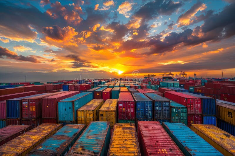 Sunset Over a Gigantic Pile of Multi-colored Shipping Containers at a ...