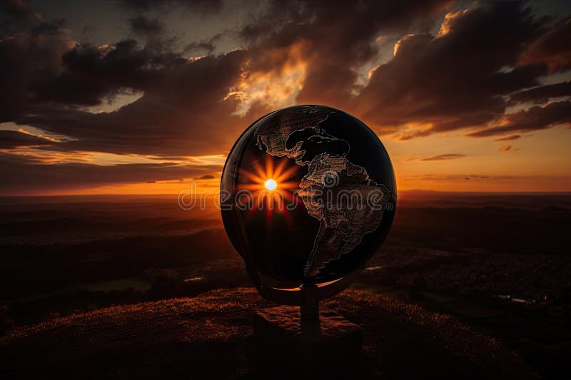 Sunset Over Globe, with the Sun Setting and Bringing Darkness To the ...