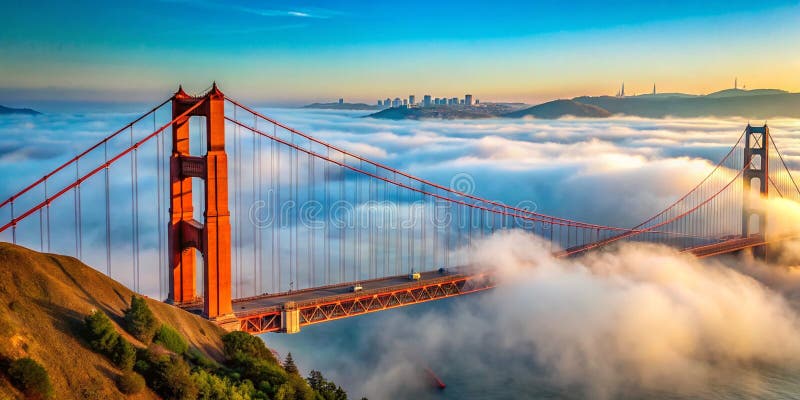 Sunset Over Golden Gate Bridge Fog Creating a Dramatic View Stock ...