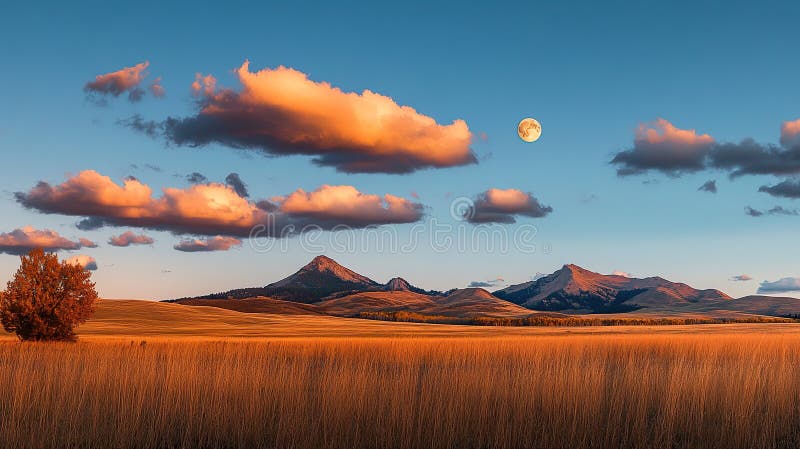 Sunset Over Golden Prairie with Mountains and Full Moon Stock Image ...