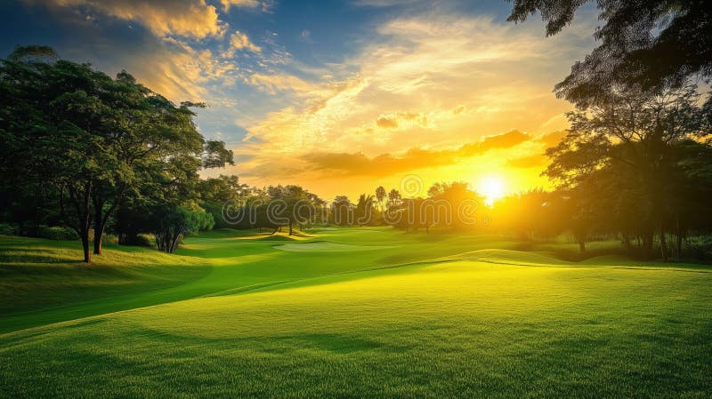 Sunset Over Golf Course with Lush Green Fairways Stock Image - Image of ...