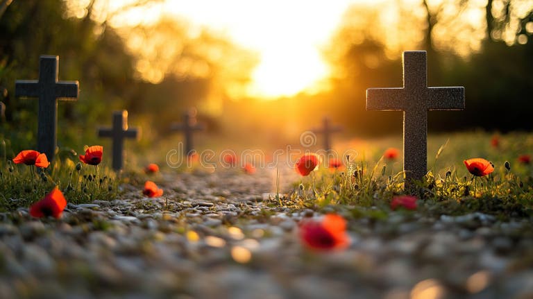 Sunset Over a Graveyard with Crosses and Poppies Stock Photo - Image of ...