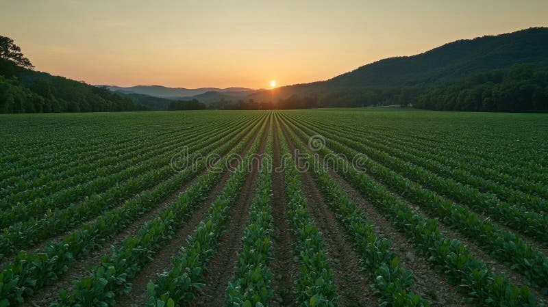 Sunset Over a Green Field of Crops Stock Illustration - Illustration of ...