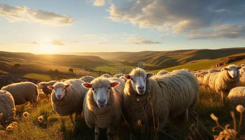 Sunset Over a Green Meadow, Sheep Grazing in the Pasture Generated by ...