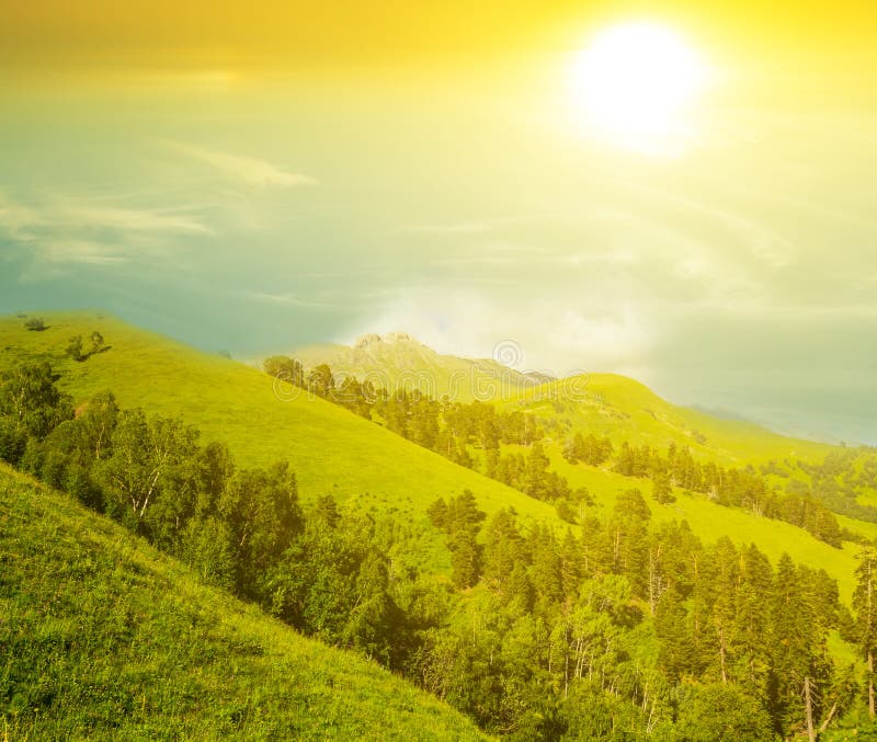 Green Mount Slope and Glacier Under a Sparkle Sun Stock Image - Image ...