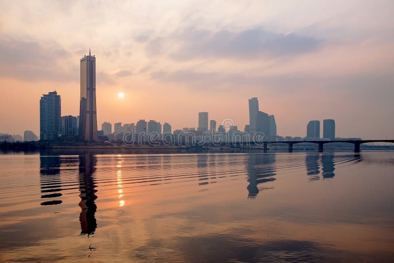 Sunset Over the Han River with Yeouido Stock Photo - Image of landscape ...