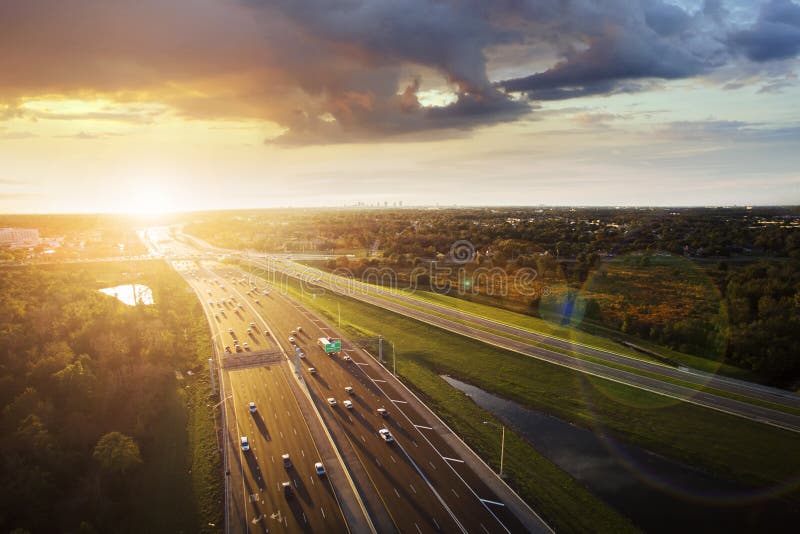 Sunset over the highway stock image. Image of aerial - 94140867