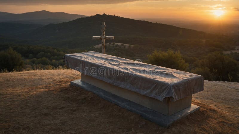 Sunset Over a Hill with a Cross and a Covered Structure Resembling a Grave on the Hilltop Stock ...
