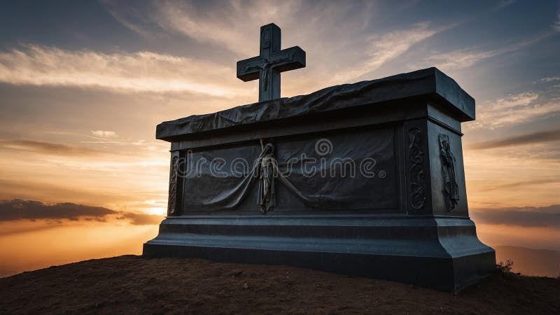 Sunset Over a Hill with a Cross and a Covered Structure Resembling a Grave on the Hilltop Stock ...