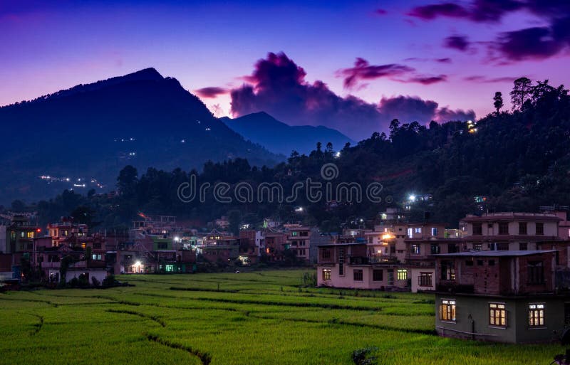 Sunset over Himalayan Town stock photo. Image of light - 161832002