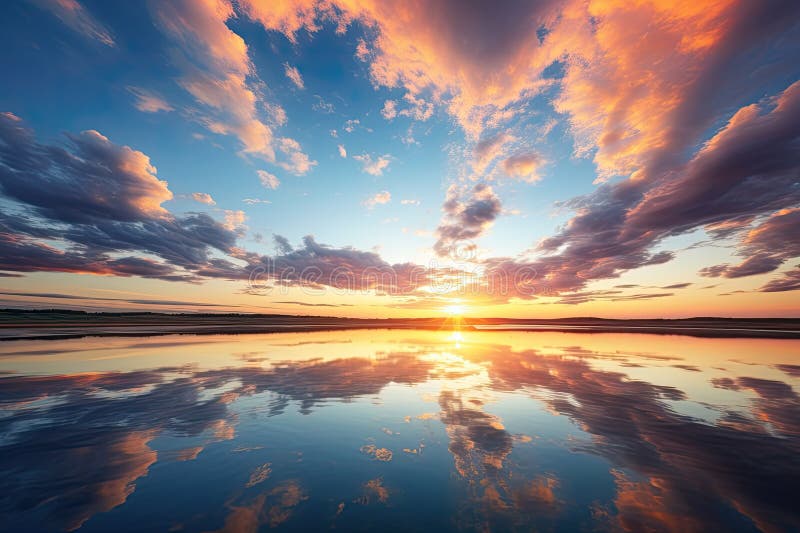 Sunset Over the Horizon with Beautiful Clouds and Reflection in the ...