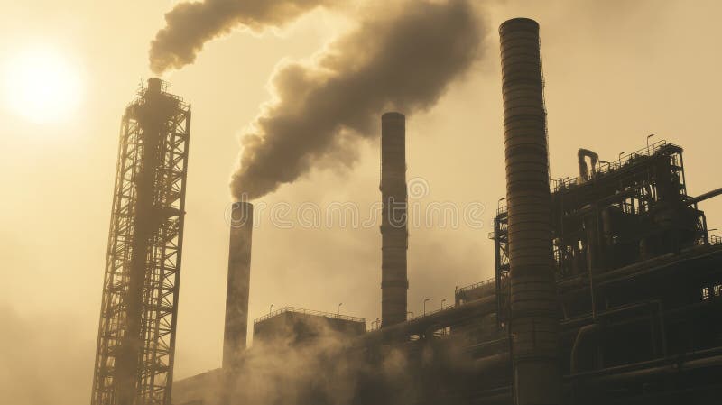 Sunset Over an Industrial Refinery with Dramatic Sky and Flaming Towers ...