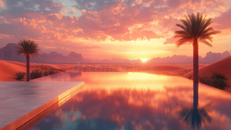 Sunset Over Infinity Pool in the Desert - Generative Ai Stock ...