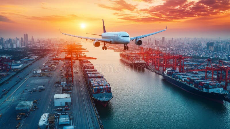 Sunset Over International Container Port with Cargo Airplane Taking Off ...