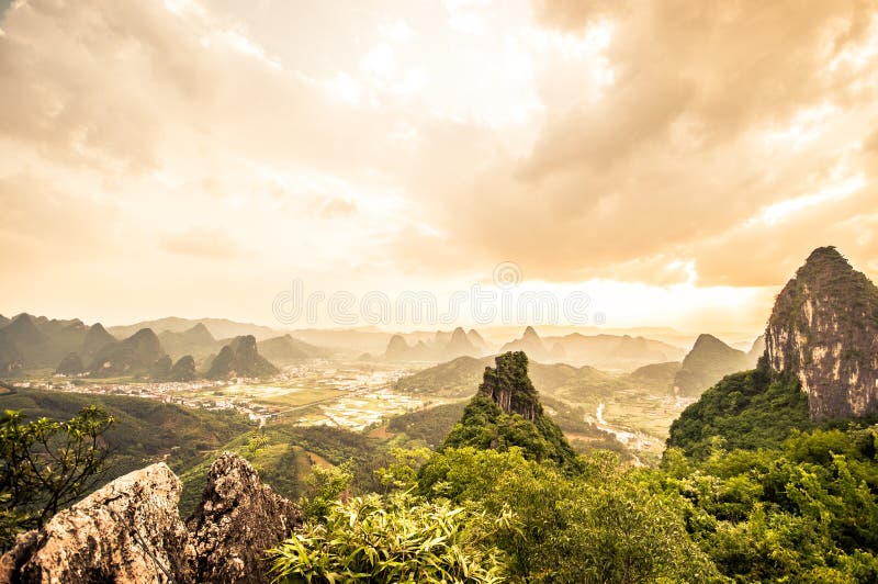 Sunset Over Karst Landscape from Moon Hill in Yangshuo Stock Photo ...