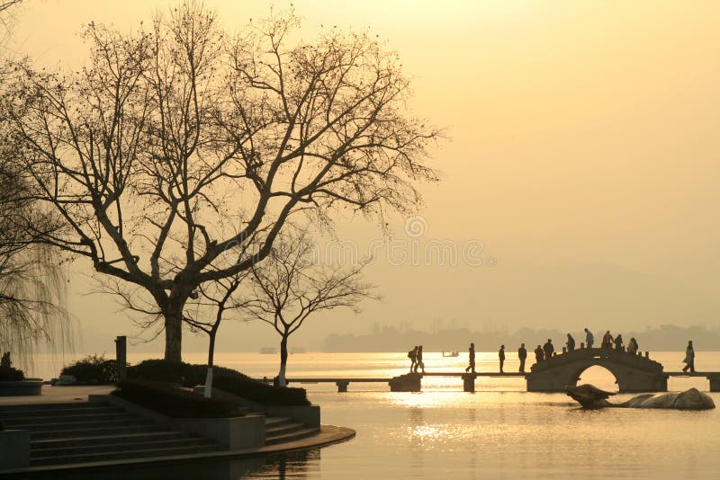 Sunset on Chinese lake stock image. Image of still, quiet - 443947