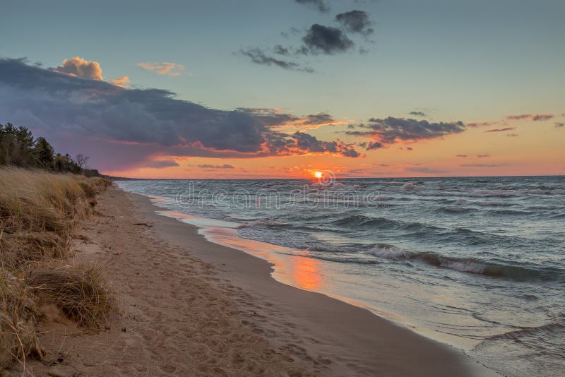 Sandy Remote Beach and a Lake Huron Sunset Stock Photo - Image of huron ...