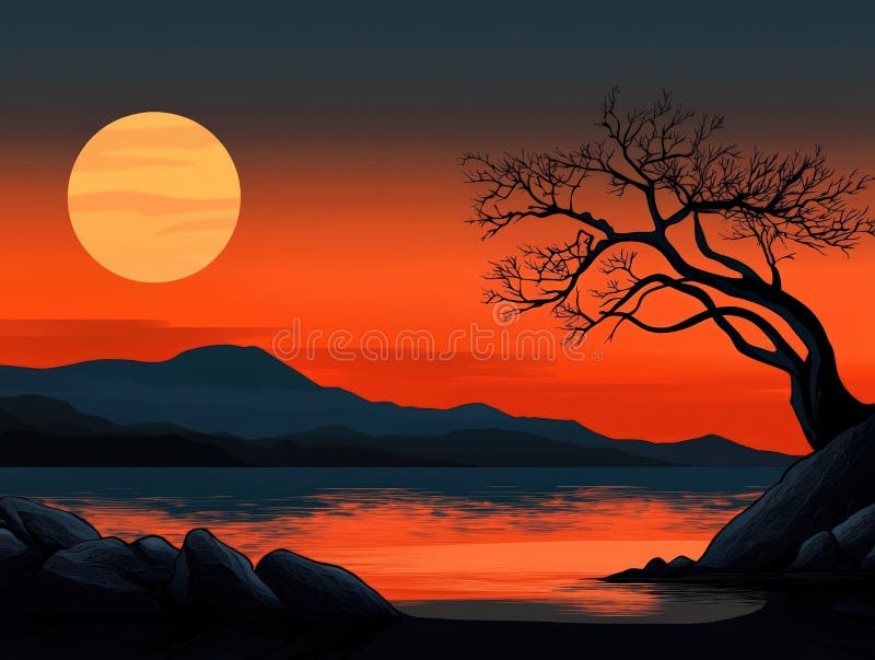 Sunset Over Lake with Silhouette Tree Stock Illustration - Illustration ...