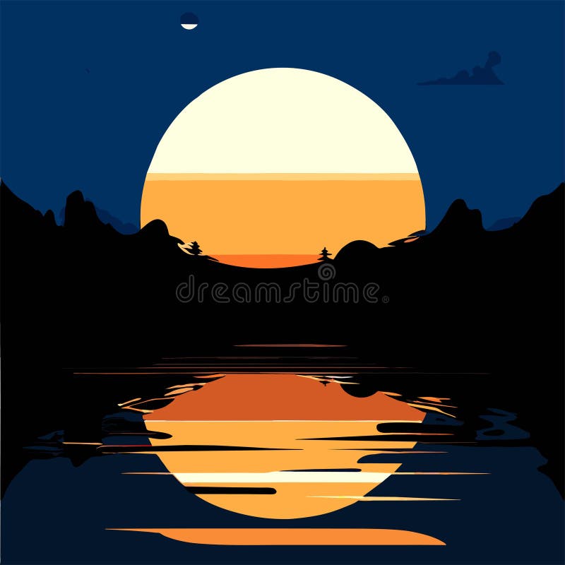 Sunset Over the Lake. Vector Illustration in Flat Style for Web Design ...