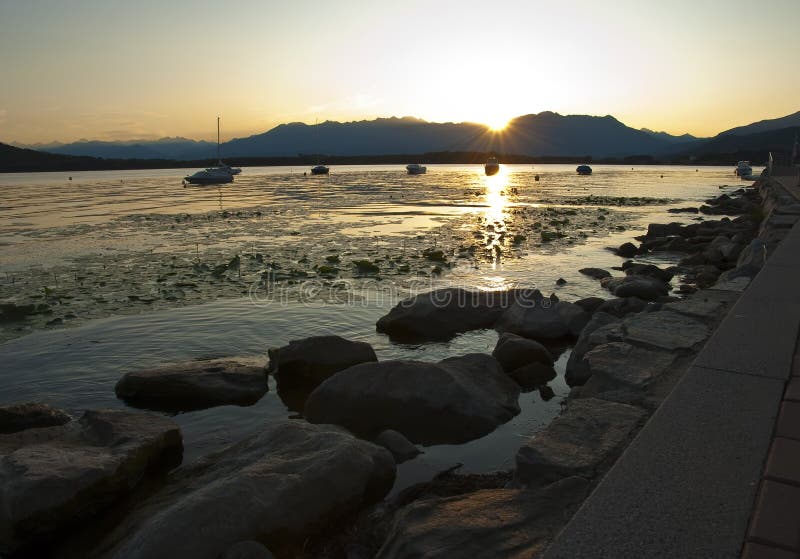 Sunset Over Lake Viverone, Italy Stock Image - Image of dusk ...