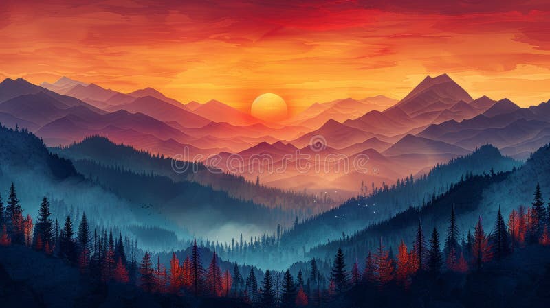Sunset Over Layered Mountain Landscape Stock Photo - Image of vibrant ...