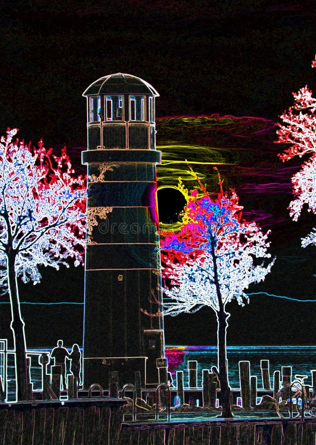 Sunset Over Lighthouse on Lake with Special Effect Applied Editorial ...