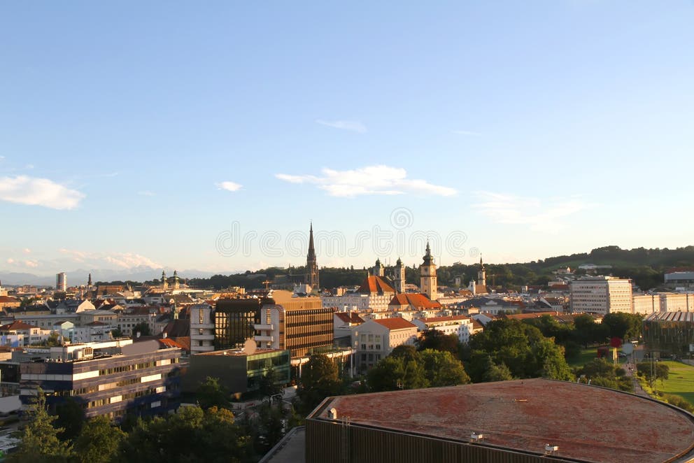Sunset over Linz stock photo. Image of linz, tower, church - 20981774