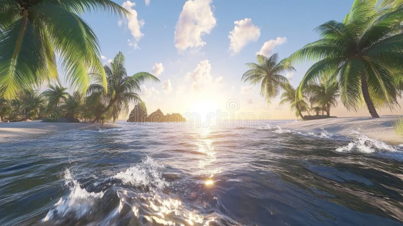 Serene Sunset Over Lush Tropical Waterfall River Stock Photos - Free ...