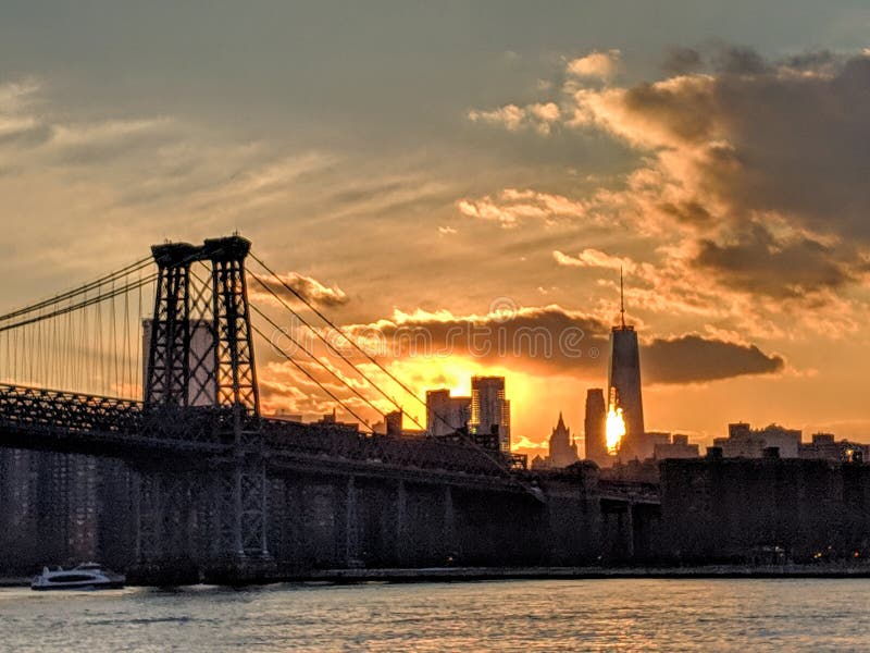 Sunset Over Manhattan and Brooklyn Bridge Stock Image - Image of bridge ...