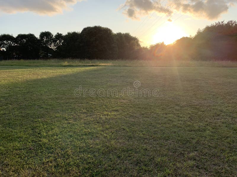 Sunset over a meadow field stock photo. Image of meadow - 156378220