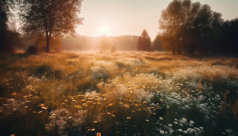 Sunset Over Meadow, Tree Silhouettes Against Sky Generated by AI Stock ...