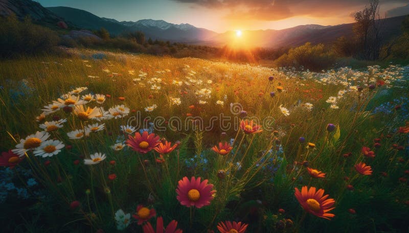 Sunset Over Meadow, Wildflowers Bloom in Springtime Generated by AI ...