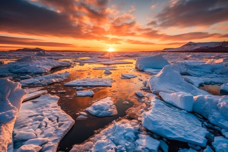 Sunset Over a Melting Ice Highlighting the Impact of Climate Change on ...