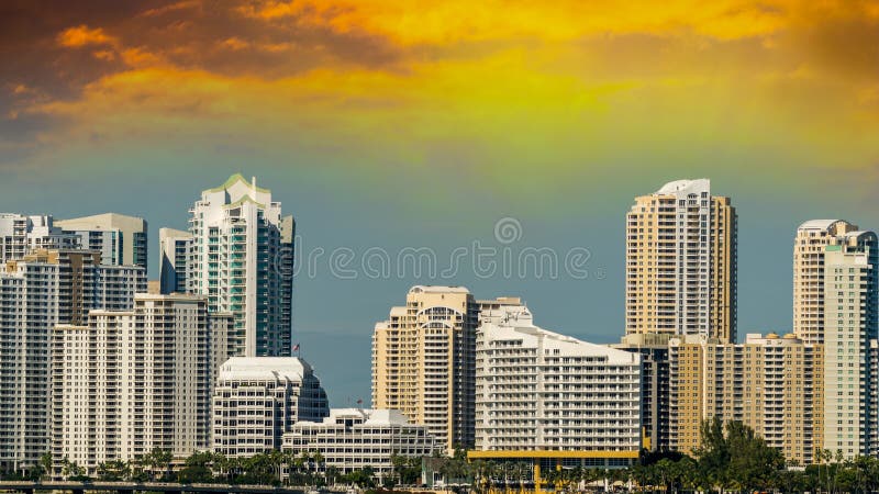 Sunset Over Miami, Florida. Beautiful Skyline and Skyscrapers Editorial ...