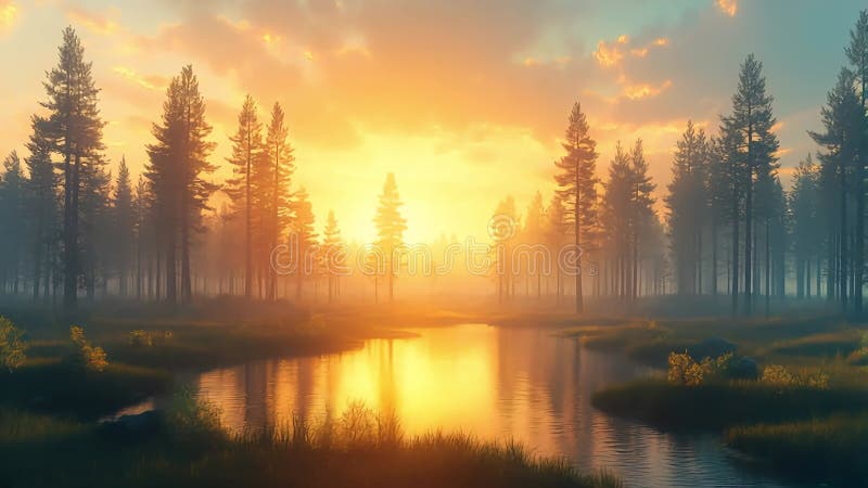 Sunset Over Misty Forest River, Tranquil Nature Scene, Idyllic ...