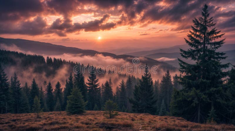 Sunset Over a Misty Mountain Landscape with Pine Trees Stock ...