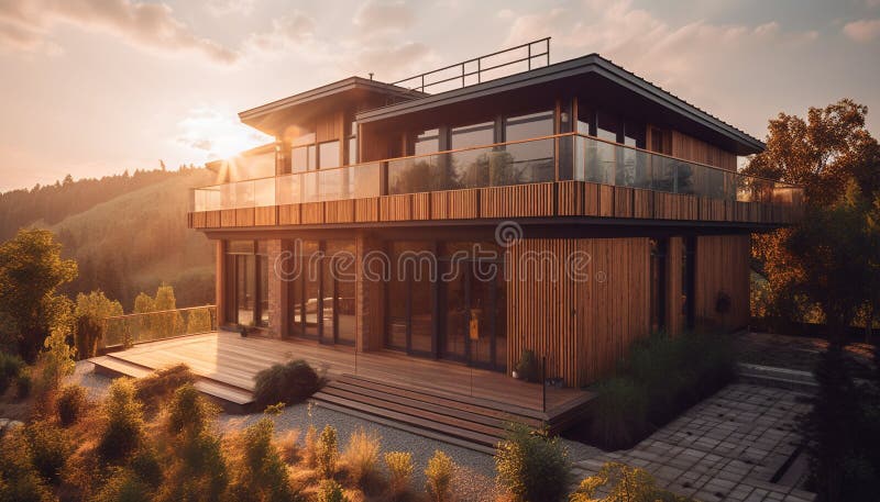 Sunset Over Modern Cottage, Surrounded by Nature Generated by AI Stock ...
