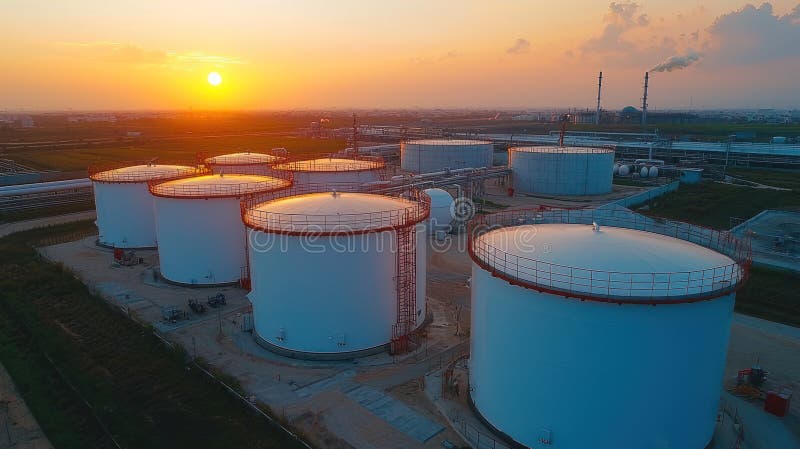 Sunset Over Modern Fuel Storage Facility with Large Tanks and ...