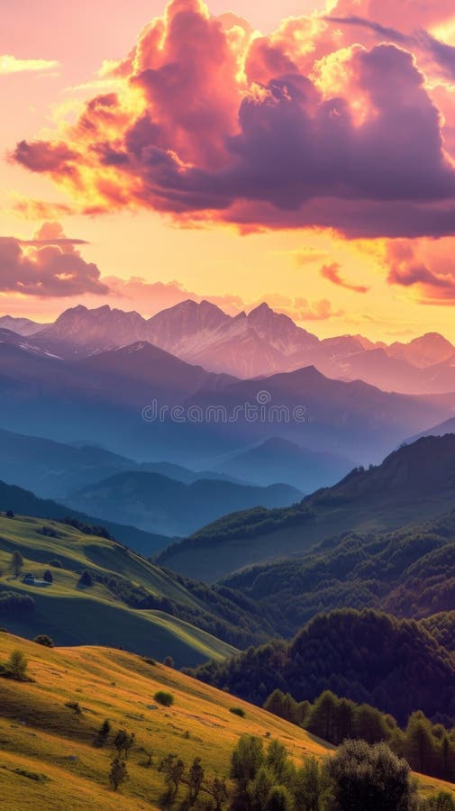 Sunset Over Mountain Range with Vibrant Clouds and Rolling Hills Stock Photo - Image of view ...