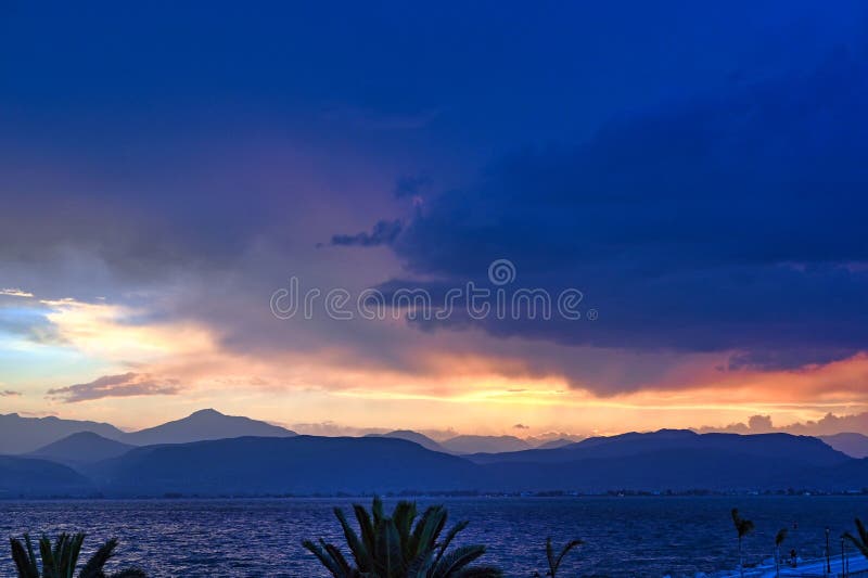 Sunset Over Mountain and Sea,landscape,Nafplio,Greece Stock Photo ...