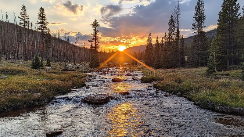 Sunset Stream in Forest. a Peaceful Stream Flows through a Dense Forest ...