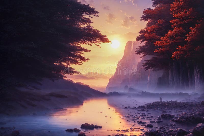 Sunset Over the Mountains. Generated by AI. Stock Illustration ...