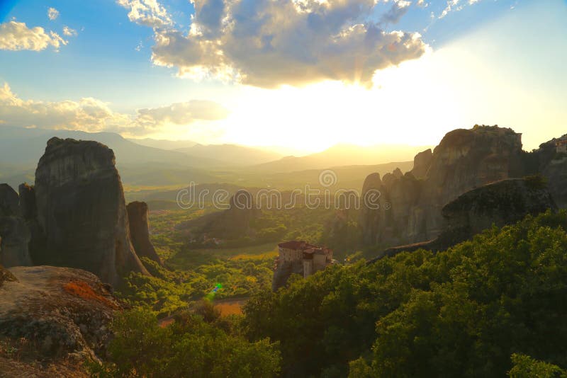 Sunset Sky and Monasteries of Meteora Stock Image - Image of tourists ...
