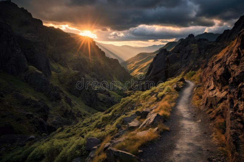 Sunset Over a Narrow Mountain Path with Dramatic Shadows Stock ...