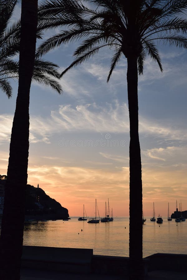 Sunset Over Natural Harbor of Port De Soller on Majorca Stock Photo ...