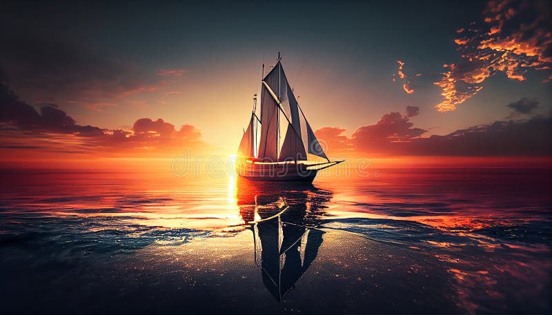 Sunset Over Nautical Vessel Sailing on Tranquil Water ,generative AI ...